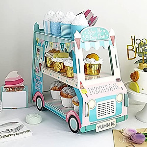BalsaCircle 16-Inch Blue with Pink 3 Tier Cardboard Ice Cream Truck Cupcake Dessert Stand Wedding Party Events Decorations Supplies
