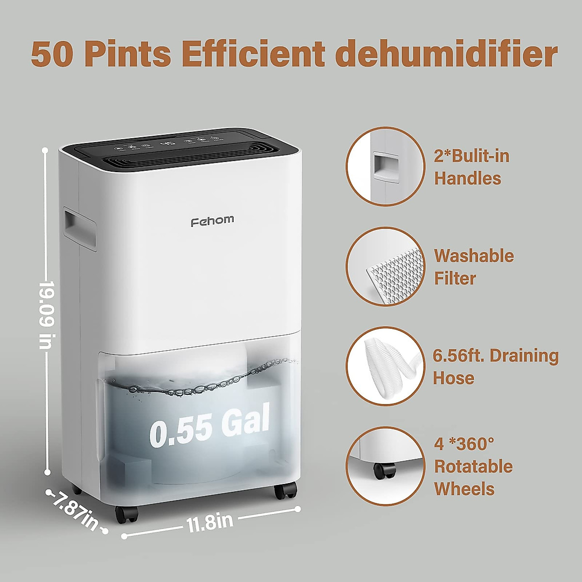 Fehom 4500 Sq. Ft Dehumidifier for Home Basements Bathroom Bedroom Continuous Drainage, with Auto Shut Off Humidity Control and Drain Hose