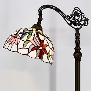 WERFACTORY Tiffany Floor Lamp Hummingbird Flower Stained Glass Arched Lamp 12X18X64 Inches Gooseneck Adjustable Corner Standing Reading Light Decor Bedroom Living Room S801 Series