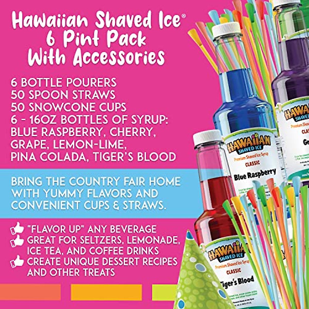 Hawaiian Shaved Ice Snow Cone Machine Package with 6 Flavoring Syrups and Party Ready Accessories