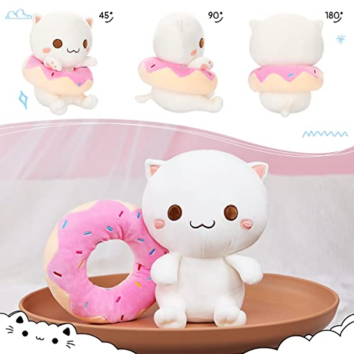AIXINI Cute Plush Donut Cat Stuffed Animal, Super Soft Kawaii Cat Kitten Plushies for Kids 10inch (White,A)