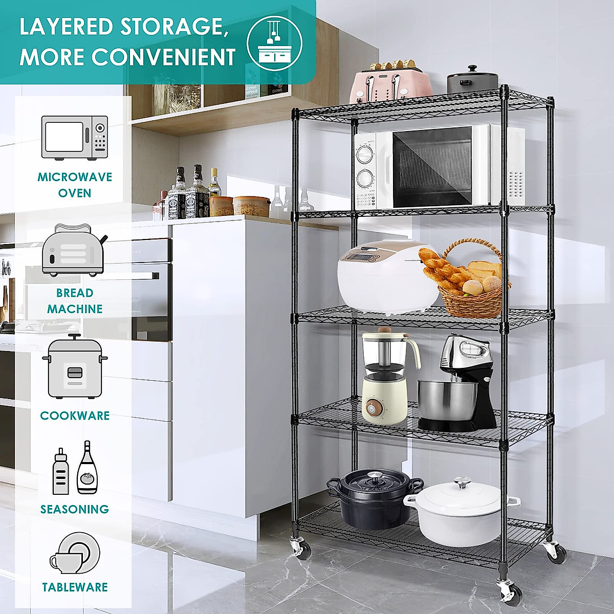 5 Tier Wire Shelving Rack with Wheels, 5 Tier Black Shelving Unit with NSF Certified, Adjustable Rolling Storage Metal Shelves, 18"D X 35.5"W X 71"H, 330Lbs Capacity, For Kitchen, Pantry, Garage