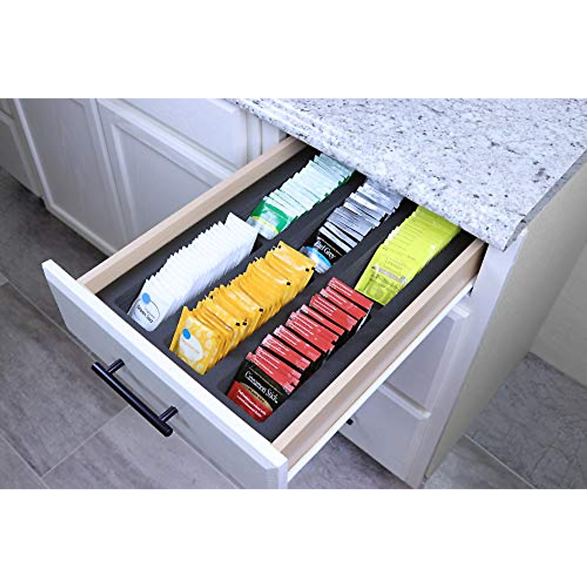 Polar Whale 2 Tea Bag Storage Deluxe Organizers Tray Drawer Bin Insert for Kitchen Home Office Condiments Packets Waterproof Washable Black Foam 6 Compartment 12.6 X 17.9 Inches