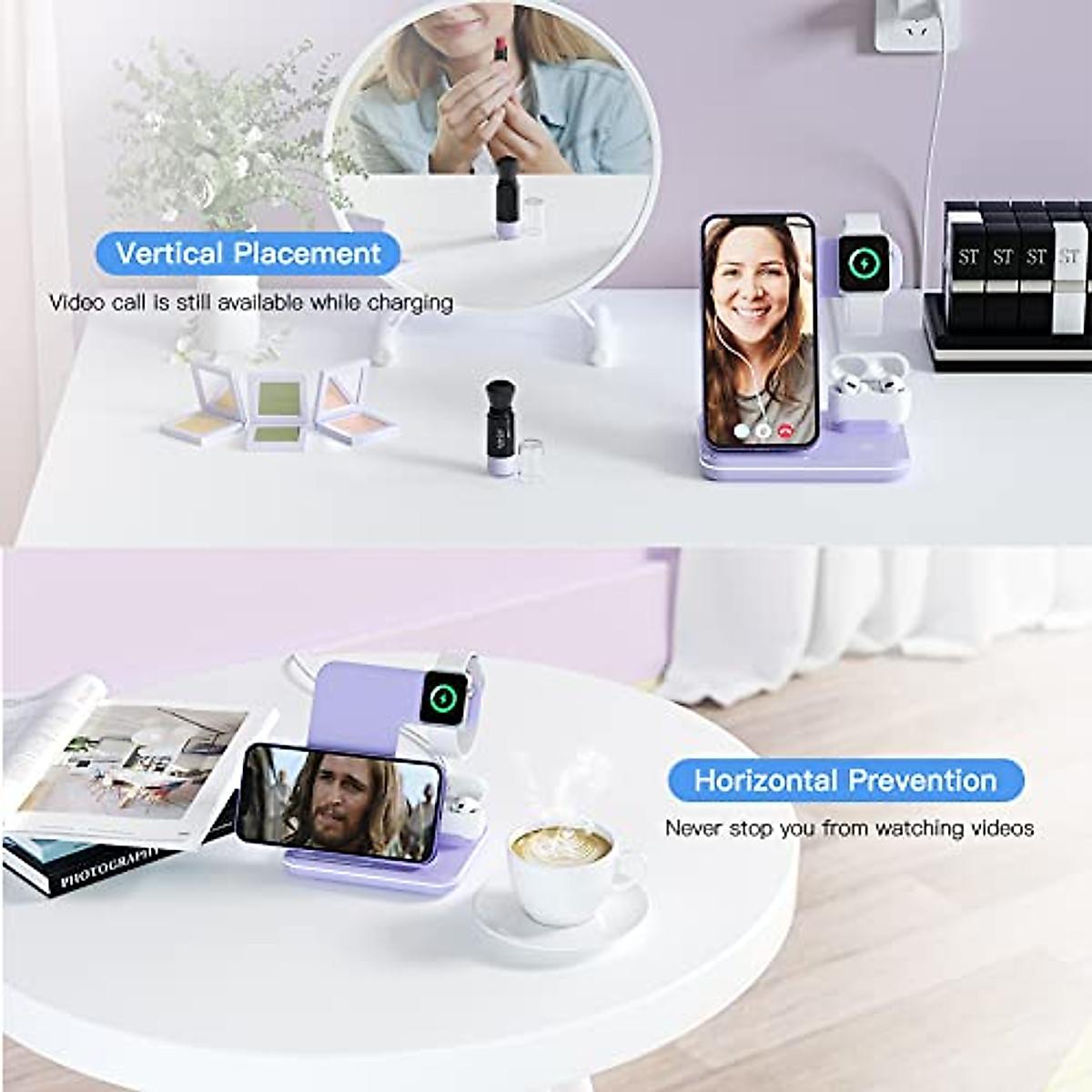 WAITIEE Wireless Charger 3 in 1,15W Fast Charging Station for Apple iWatch 6/5/4/3/2/1,for AirPods Pro,for iPhone 14/13/12/Pro Max/11 Series/XS Max/XR/XS/X/8/8 Plus,for Samsung Galaxy Phones (Purple)