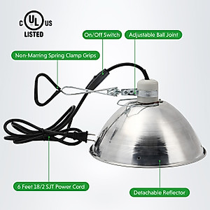 Simple Deluxe Clamp Lamp Light with 10.5 Inch Adjustable Aluminum Reflector and 6 Feet 18/2 SJT Cord, up to 250W E26 Socket (No Bulb Included), 2 Pack, Silver and Black