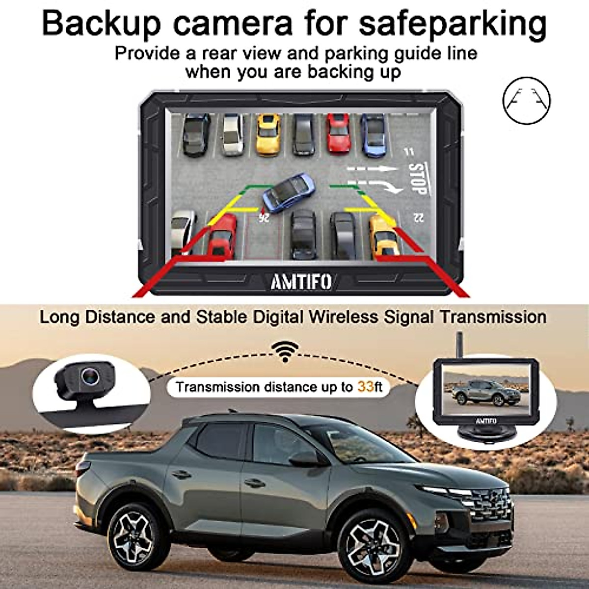 AMTIFO Wireless Backup Camera HD 1080P Car Truck Bluetooth Rear View 4.3 Inch Monitor System License Plate Back Cam Super Night Vision Digital Stable Signal A18