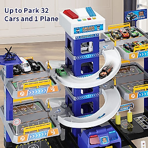 Car Garage Playset for 1:64 Police Cars, Racing Cars & Helicopter, Car Parking Playsets Toy with Elevator Parking Lot for Toddlers 1-3, Car Track for Kids Build Up to 5 Levels with 24 Parking Spaces