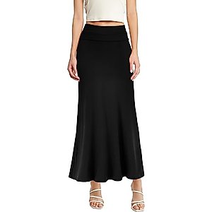 Hybrid & Company - Women's Maxi Skirt W/ Fold Over Waist Band - Made in the USA, Black, Large