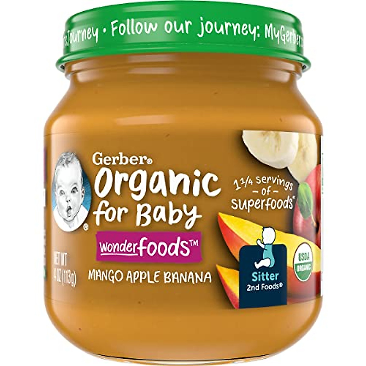 Gerber Organic for Baby Wonder Foods 2nd Foods Baby Food Jar, Mango Apple Banana, USDA Organic Pureed Baby Food with Superfoods, 4-Ounce Glass Jar (Pack of 6)