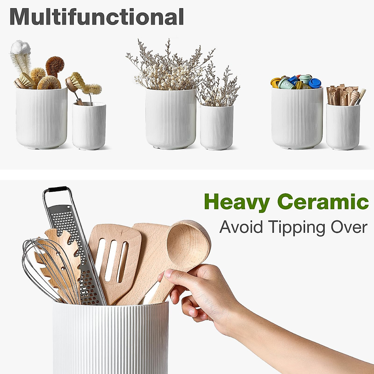 Mfacoy Large Kitchen Utensil Holder Set of 2, 7.3" + 5.4" Ceramic Cooking Utensil Holder for Countertop, Large Utensils Crock for Kitchen Counter, Utensil Storage Organizer for Spatula, Kitchen Decor