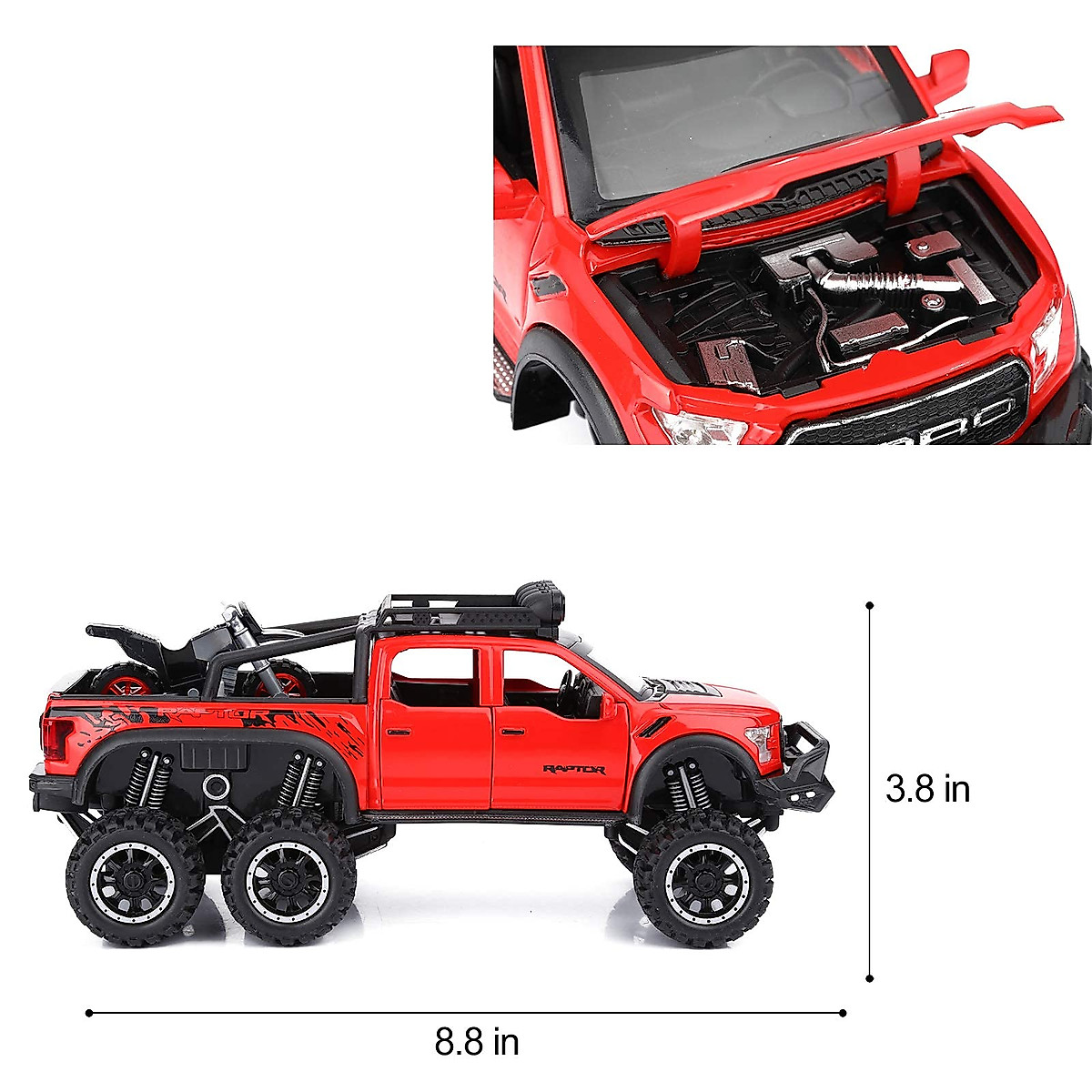 SASBSC Toy Pickup Trucks for Boys F150 Raptor DieCast Metal Model Car with Sound and Light for Kids Age 3 Year and up RED