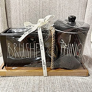 Rae Dunn Brushes and Things Bathroom Ceramic Black Holders With Wooden Tray