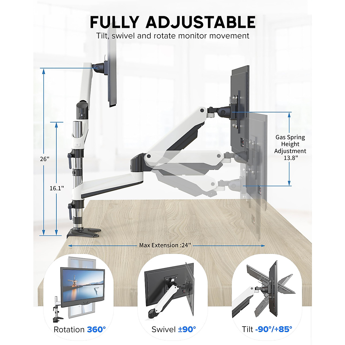 SHOPPINGALL Fully Adjustable Dual Gas Spring LCD Monitor Mount Stand with 2 Arm for 15”-32” Monitors, Clamp and Grommet Mounting Options in The Box, 6 ft HDMI Cable included - SA-GA24-White