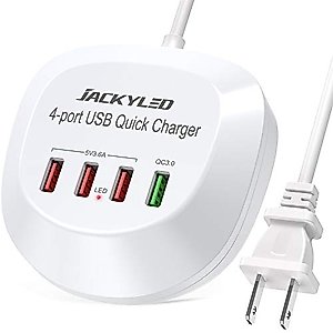 USB Charging Station with Quick Charge 3.0, JACKYLED 4 USB Charging Hub, Desktop USB Charger Station for Multiple Devices, Compatible with iPhone iPad Galaxy Smart Phone for Home Travel, White
