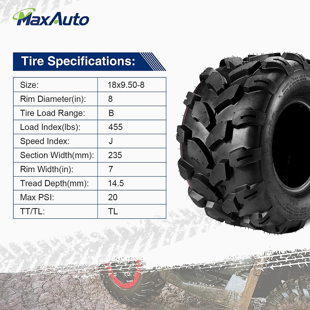 MaxAuto 2PCS Sport ATV Tires 18x9.5-8 18x9.50x8 Lawn Mower Off-Road ATV UTV Tire 4PR Turf Tires Mud Sand Trial Tires P311