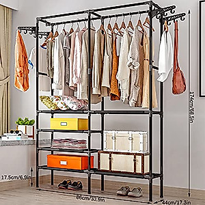 ZZBIQS 5 Tiers Metal Garment Clothing Rack Hanging Clothes Organizers with Shelves and 4 Side Hook , Compact Armoire Storage Rack, 33.8" L x 17.3" W x 68.5" H, Max Load 115 LBS, Black