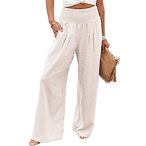 Women Cotton Linen Pants Elastic High Waisted Palazzo Lounge Pants Loose Beach Trousers with Pockets (White, XL)