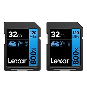 Lexar High-Performance 800x 32GB (2-Pack) SDXC UHS-I Memory Cards, C10, U1, V10, Full-HD & 4K Video, Up to 120MB/s Read, for Point-and-Shoot Cameras, Mid-Range DSLR, HD Camcorder (LSD0800032G-B2NNU)