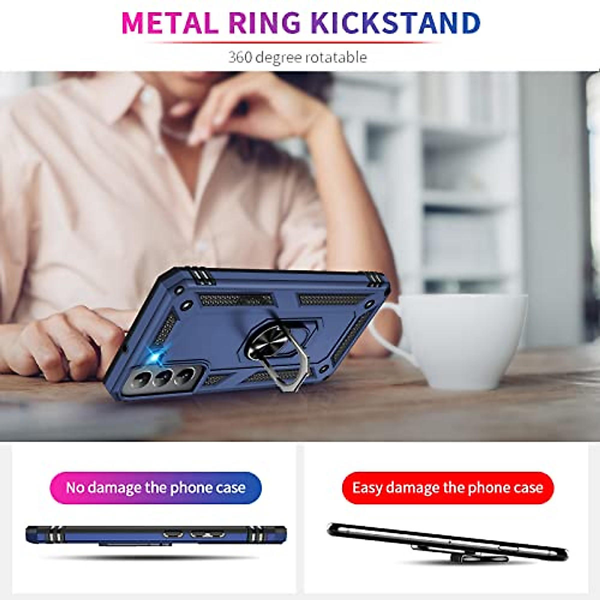 Vaki for Samsung Galaxy S22 5G Case with Built in Screen Protector Military Grade Hard Rugged Cover Heavy Duty Armor Galaxy S22 Phone Cases with Metal Ring Kickstand Shockproof Blue