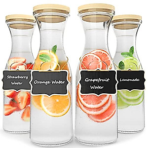 Finew 4 Pack Glass Carafe Pitchers with Wood Lids for Fridge, 1 Liter Water Pitcher Juice Container for Mimosa Bar, Beverage, Brunch, Water, Juice, Milk, Lemonade - 4 Wooden Chalkboard Tags