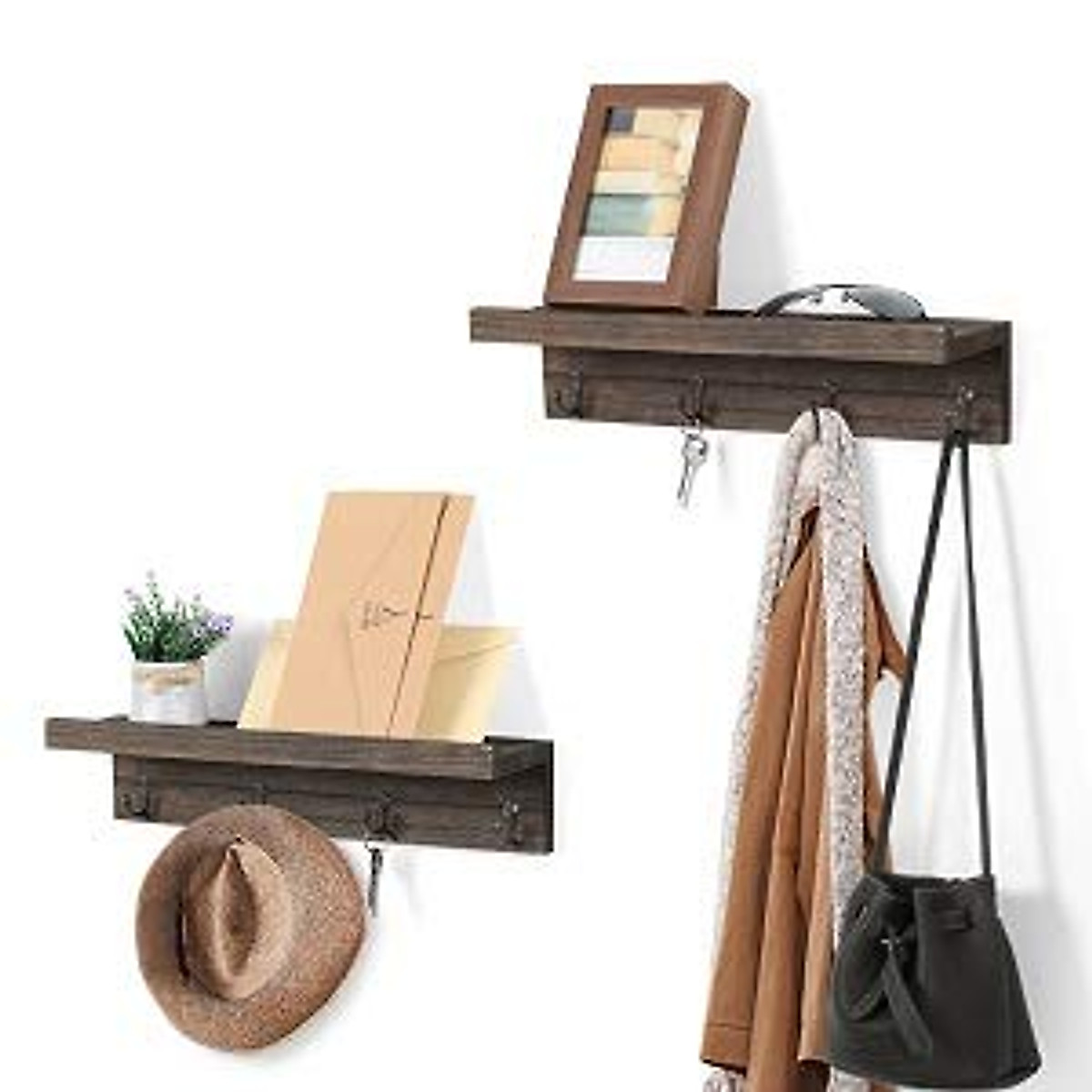 LIANTRAL Coat Rack Wall Mount, Set of 2 Wall Shelf with Hooks, 4 Coat Hooks & Wood Shelf, Wall Hooks for Hats, Coats, Keys, Entryway, Mudroom, Living Room