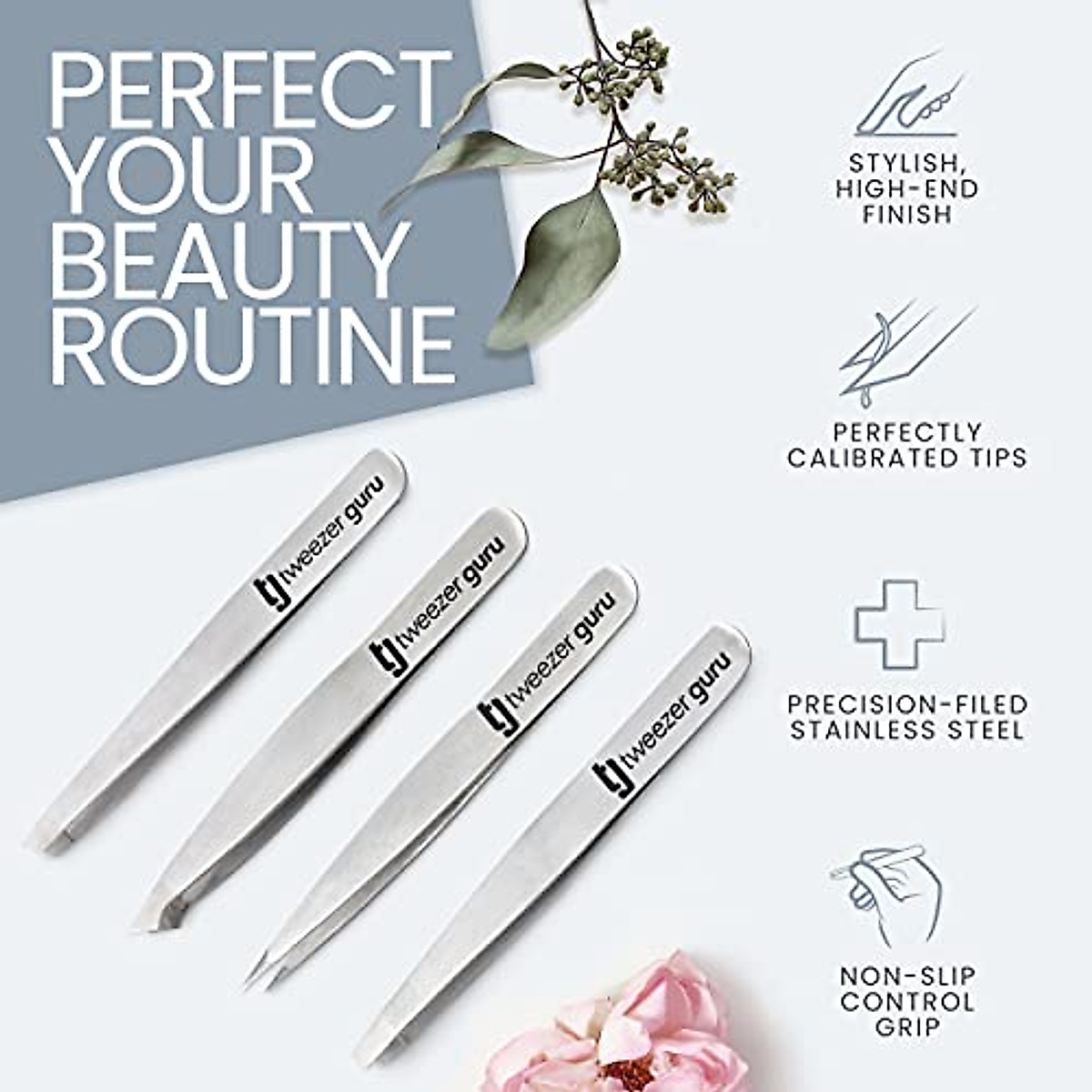 Tweezer Guru Eyebrow Tweezer Set for Women & Men - Professional Slant and Pointed Tweezers Set with Case - Precision Tweezers Kit for Facial Hair, Splinter and Ingrown Hair Removal (4 PC-W)