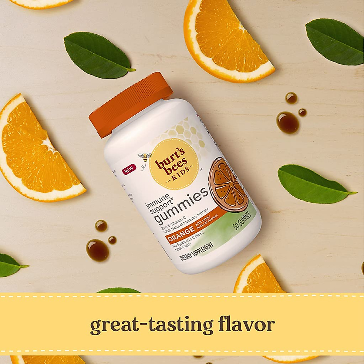 Burt's Bees Kids Immune Support Gummies: Vitamin C and Zinc, Natural Manuka Honey, Orange Flavor, 50 Count