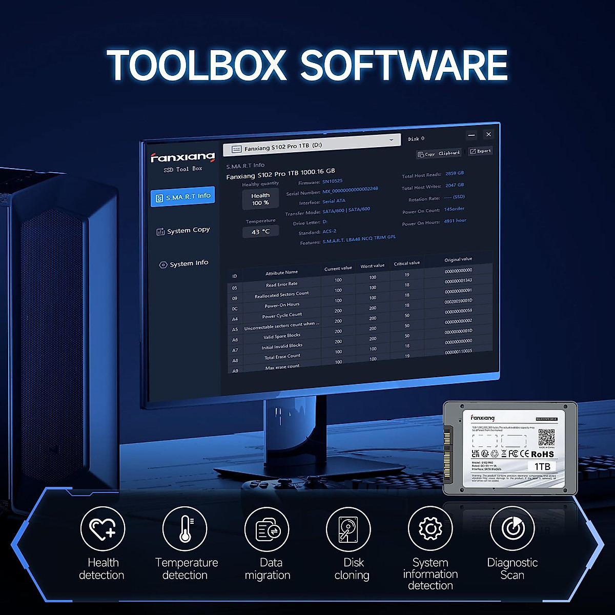 S102 Pro 1TB 2.5" SSD SATA Internal Solid State Drives, Up to 560MB/s, SLC Cache, 3D NAND TLC, Aluminum Alloy Shell, Compatible with Laptop and PC Desktops