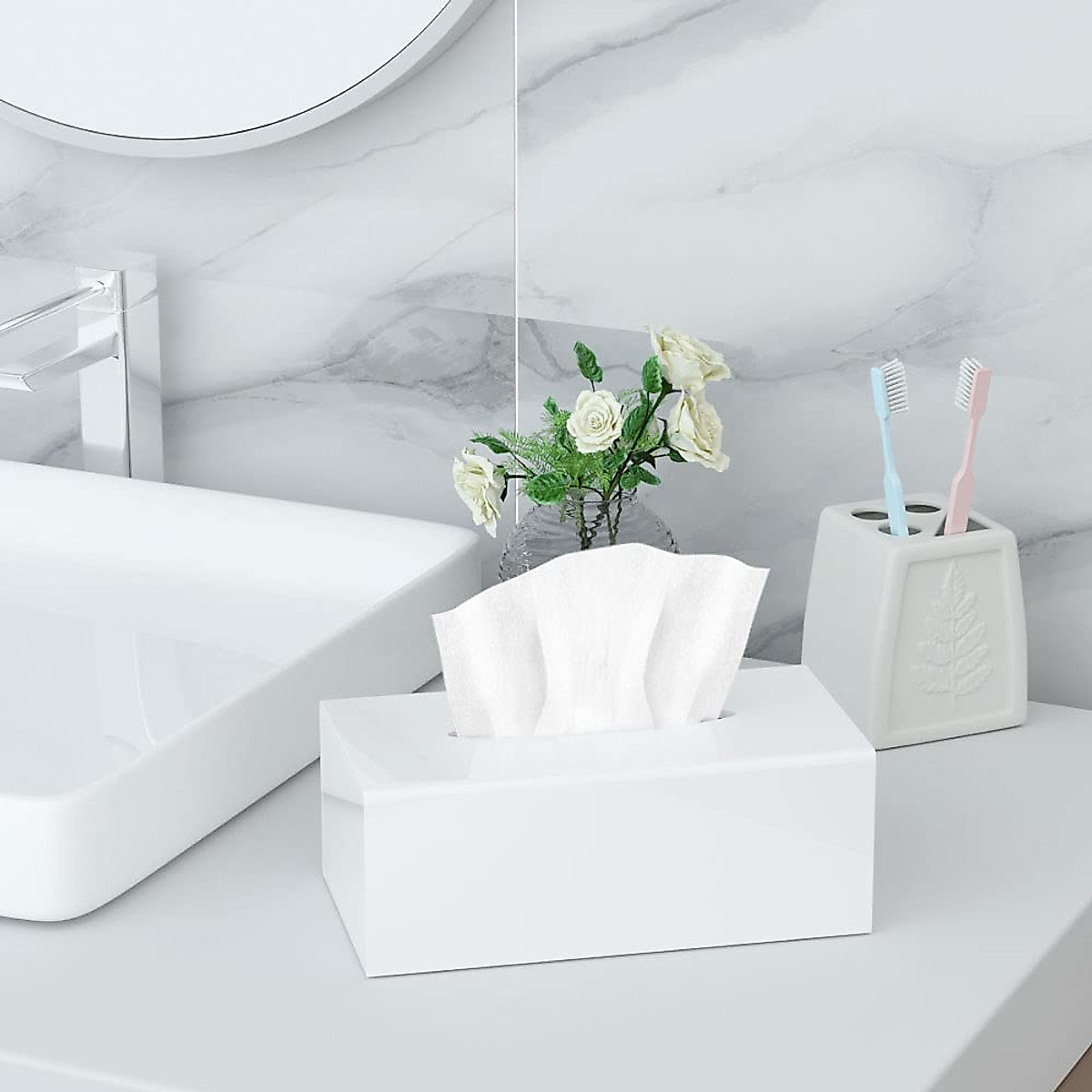 HIIMIEI Tissue Box Cover, Acrylic Tissue Holder Napkin Dispenser for Home Office Restaurant Desk Decor, White Rectangular 9.8x5.1x4.5''