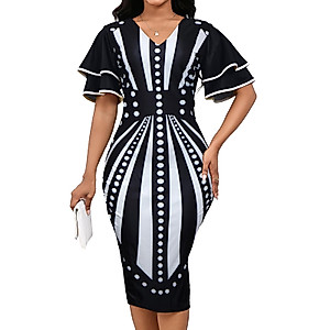 Women's Sexy Ladies Church Dress Crew Neck Short Ruffles Sleeve Elegant Bodycon Midi Pencil Dresses Clubwear