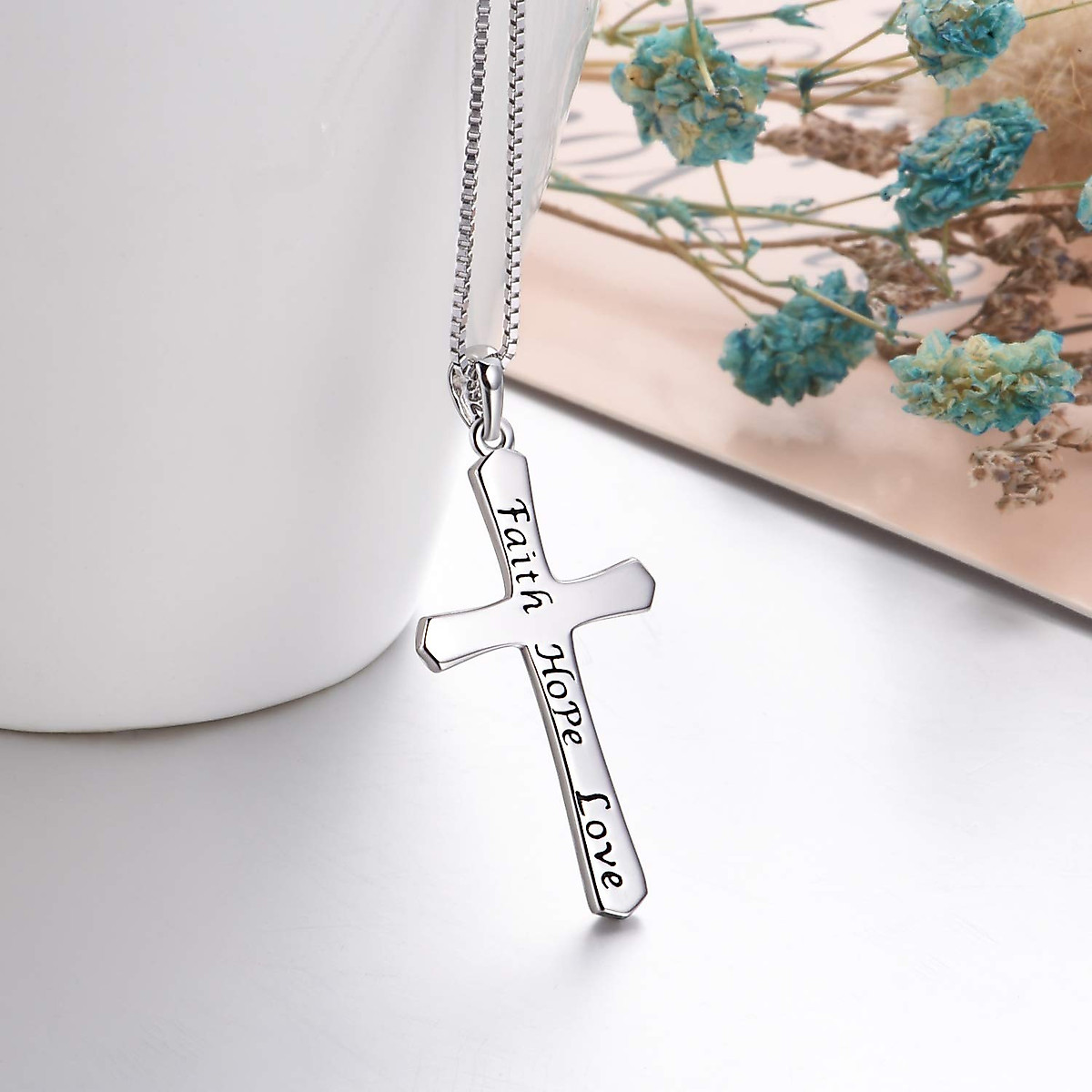 Cross Necklace Women Sterling Silver Religious Engraved Faith Hope Love Cross Pendant Necklace Jewelry Christmas Gifts for Women Unisex