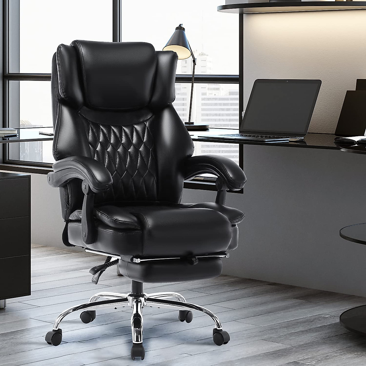 High Back Massage Reclining Office Chair with Footrest - Executive Computer Chair Home Office Desk Chair with Massaging Lumbar Cushion, Adjustable Angle, Breathable Thick Padding for Comfort (Black)