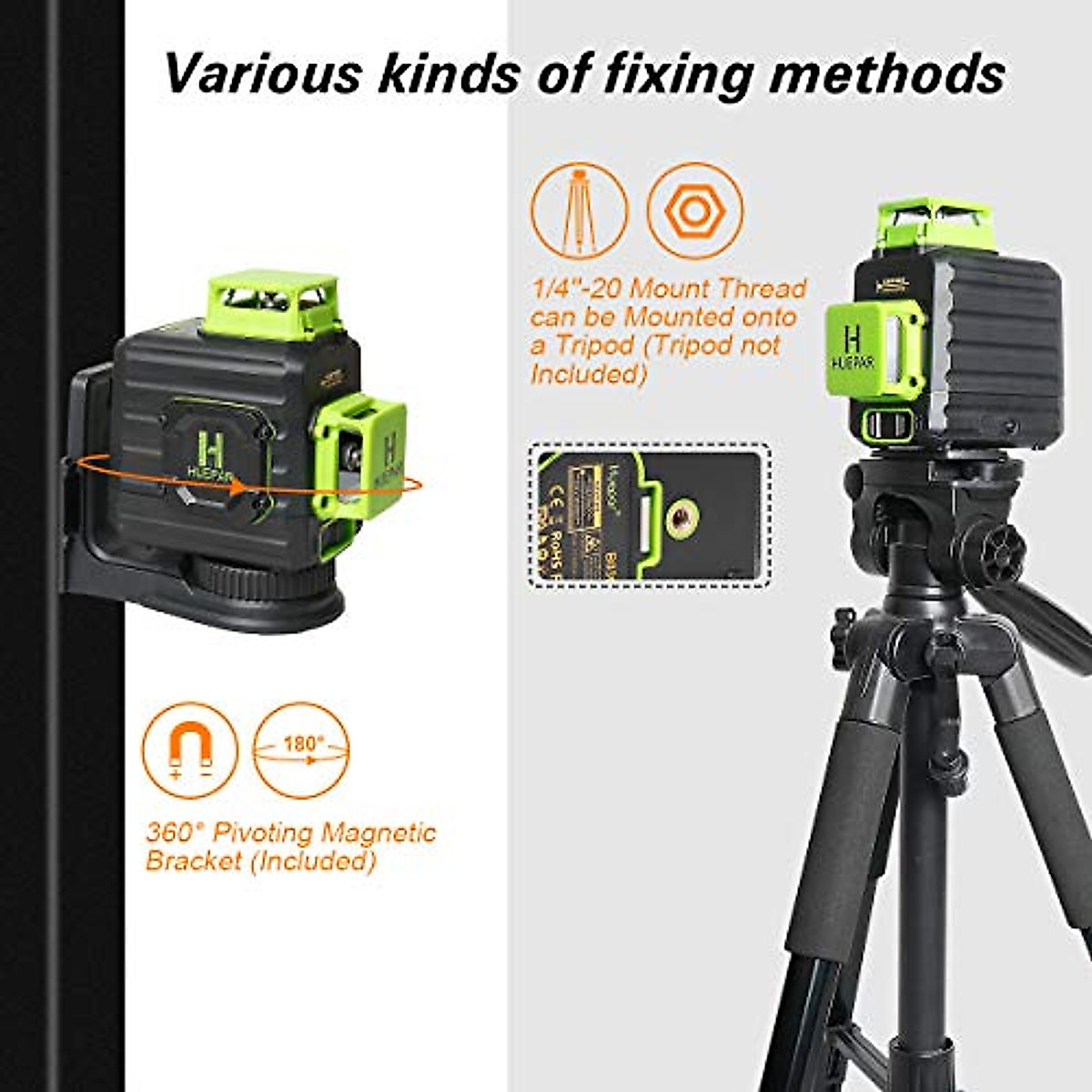 Huepar 2 x 360 Cross Line Self-leveling Laser Level, 360° Green Beam Dual Plane Leveling and Alignment Laser Tool, Li-ion Battery with Type-C Charging Port & Hard Carry Case Included - B02CG