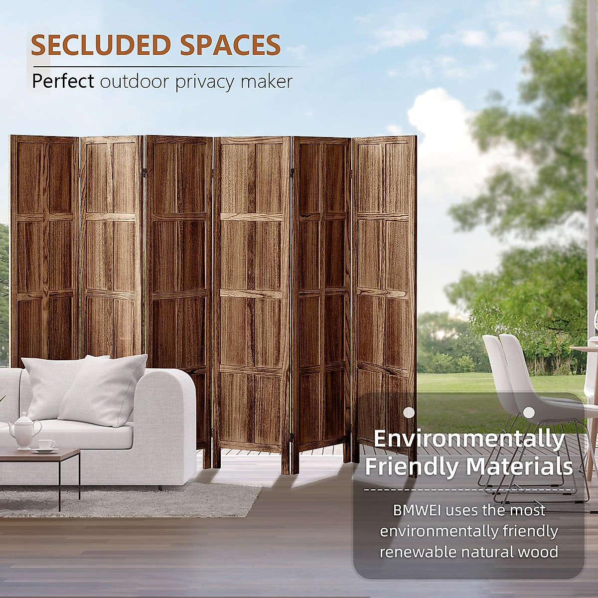 BMWEI 4 Panel Room Divider, 5.6 FT Folding Privacy Screen Room Divider, Partition Divider for Room Separation, Wooden Room Screen Divider Freestanding, for Home Office, Bedroom (Brown)