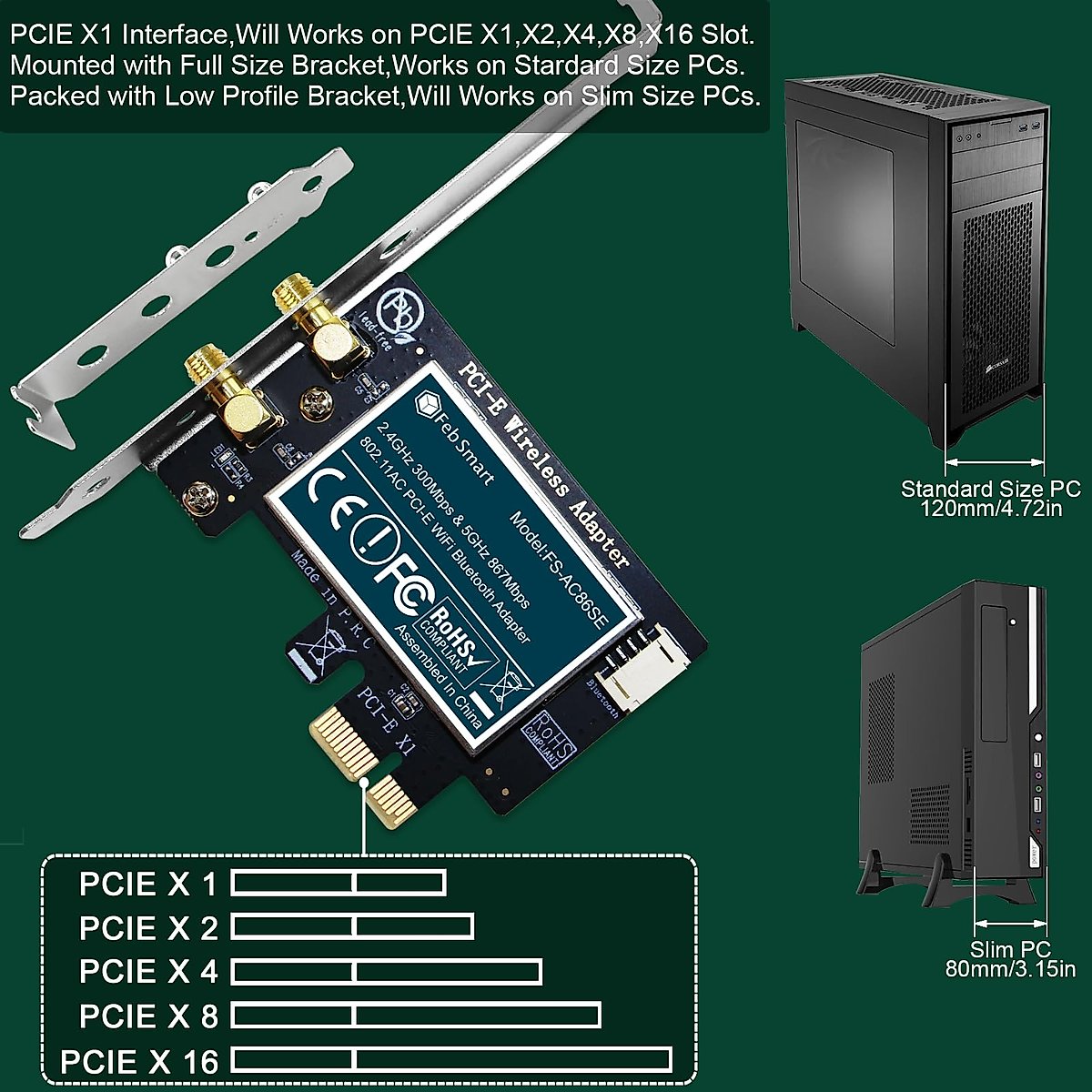 FebSmart Wireless-AC Dual Band 1200Mbps (2.4GHz 300Mbps and 5GHz 867Mbps) PCI Express WiFi Card for Windows XP, 7, 8.x, 10, 11 (32/64bit) and Windows Server Desktop PCs, PCIE WiFi Adapter (FS-AC86SE)