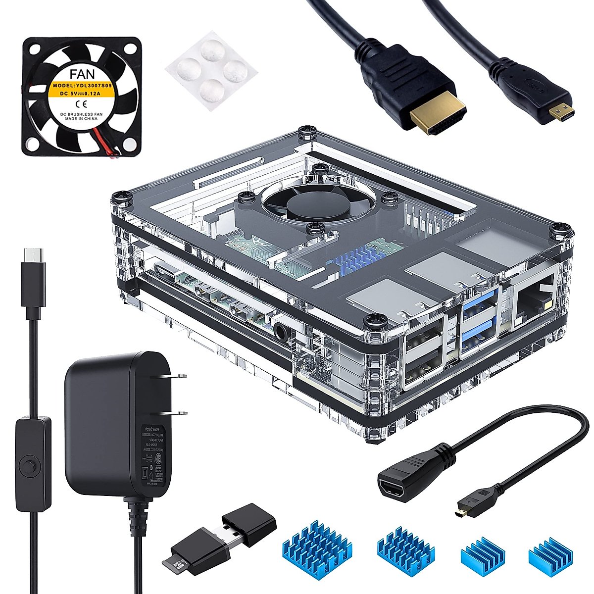 Miuzei Case for Raspberry Pi 4 with Fan, 3A USB-C Power Supply, 1.5M Micro HDMI Cable, HDMI-Micro HDMI Adapter, 4 Aluminum Heat Sinks, USB Card Reader (Raspberry Pi 4 Not Included