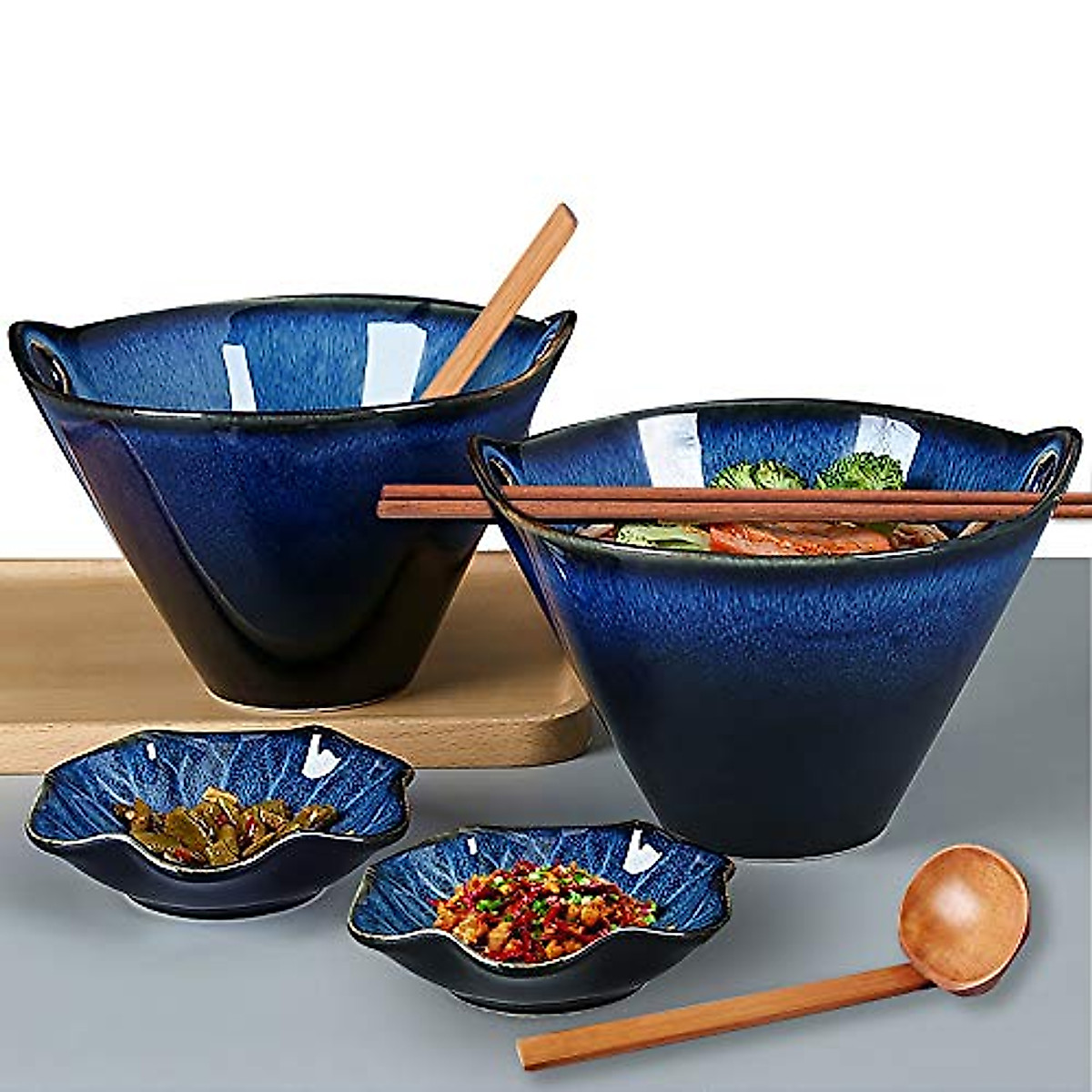 Farielyn-X Porcelain Ramen Bowls Set of 2(8 pcs), 28 Ounce Japanese Ramen Udon Noodle Miso Bowl with Chopsticks & Spoons & Dipping Dishes, Unique Reactive Glaze Bowl, Dishwasher & Microwave Safe