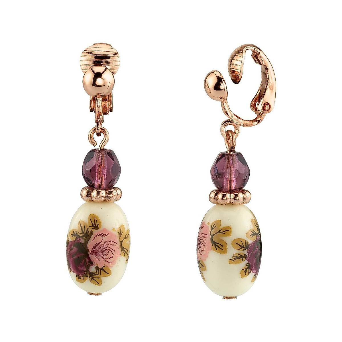 1928 Jewelry Women's Rose Gold Tone Manor House Rose Purple Crystal Bead Flower Drop Clip On On Earrings