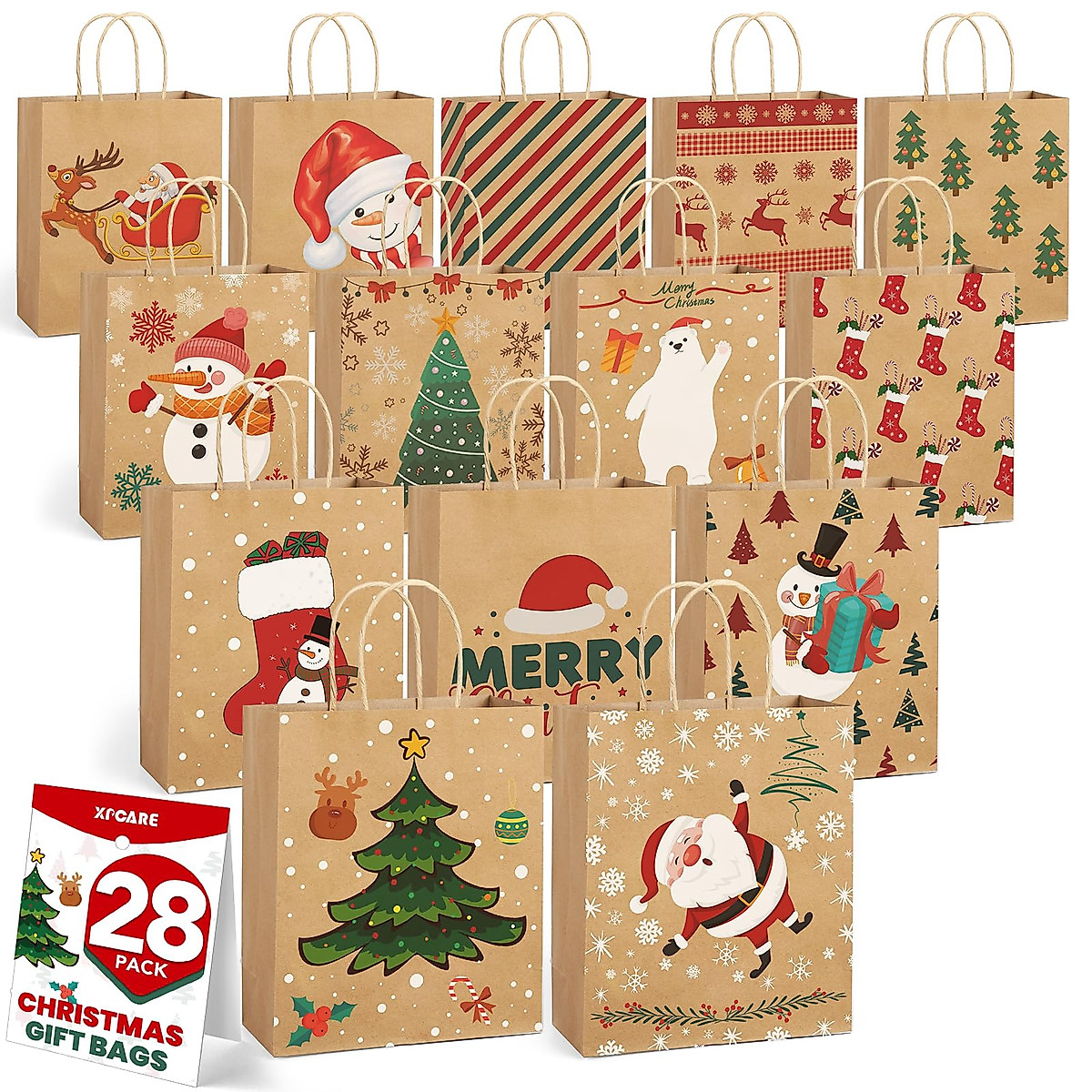 XPCARE 28 Pack Christmas Kraft Gift Bags with Handles, 9x7.5x3.5 Christmas Gift Bags, Christmas Goody Bags for Christmas Holidays Party Favors and Presents