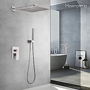 Hoimpro Shower System set with 12 Inch Bathroom Rain Mixer Shower Head and Handheld Wall Mounted, Rainfall Shower Faucet Fixture Combo with High Pressure 2 in 1 Handheld Showerhead, Brushed Nickel