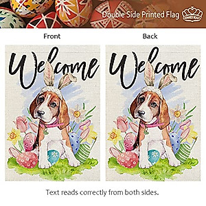 CROWNED BEAUTY Easter Dog Garden Flag Beagle Bunny Ears 12X18 Inch Small Double Sided for Outside Floral Eggs Burlap Yard Holiday Decoration CF762-12