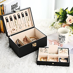 CHFONG Jewelry Box, 2 Layers PU Leather Display Jewellery Holder, Removable Travel Portable Jewelry Case for Necklace Earrings Rings Bracelets, Jewelry Boxes Organizer for Women Girls Wife - Black
