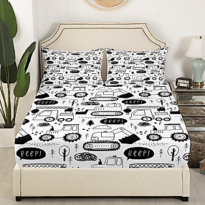 Cartoon Cars Kids Fitted Sheet Full Size,Tractor Truck Excavator Toddler Bedding Set,Girls Boys Adults Room Decor,Construction Vehicles Bed Cover,Black White Chic Bed Sheet,2 Pillowcases