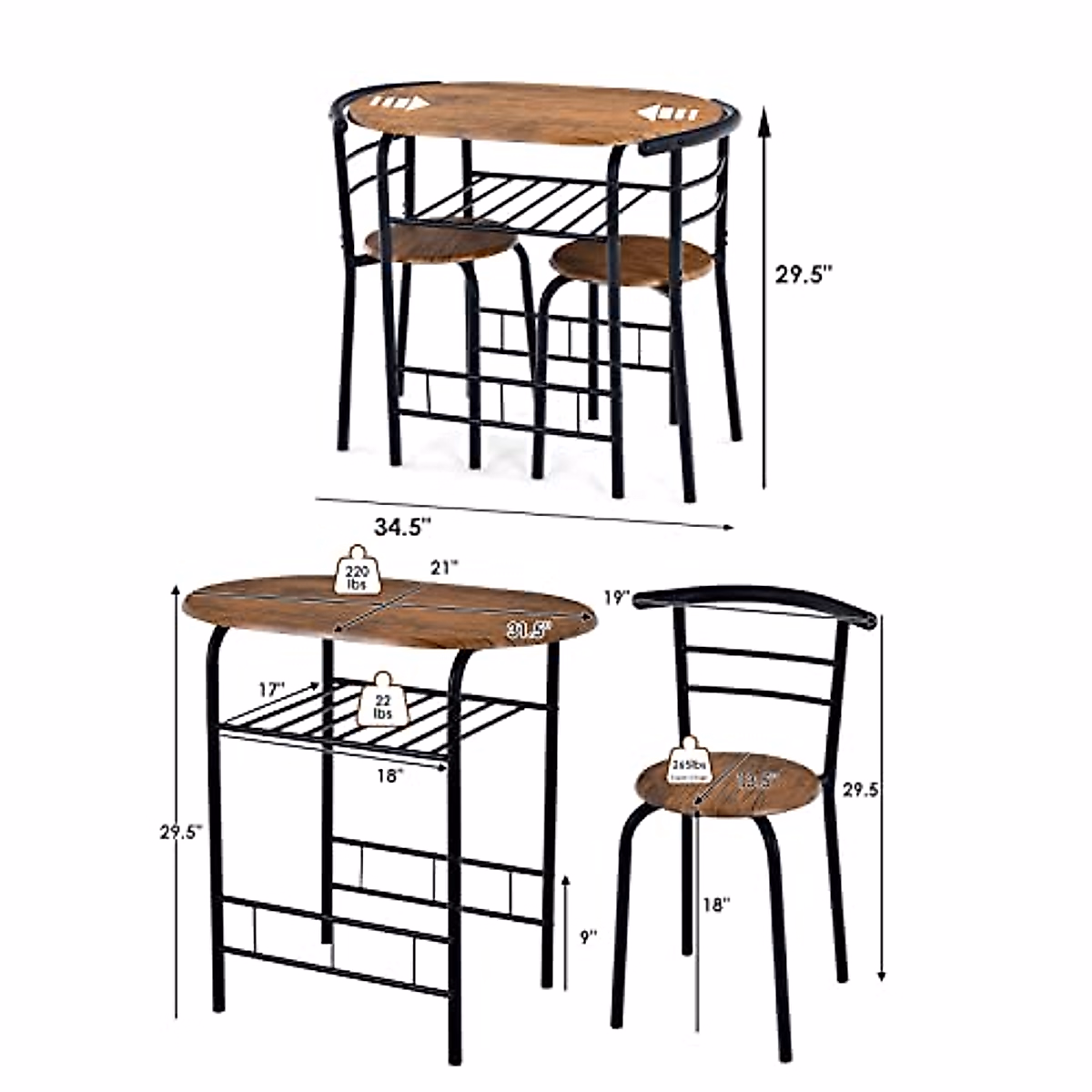 Giantex Dining Table Set for 2, Small Kitchen Table with Storage Shelf, 3 Piece Table and Chairs for Dinner and Breakfast, Space Saving Dinette Set for Home Apartment Bistro (Brown & Black)