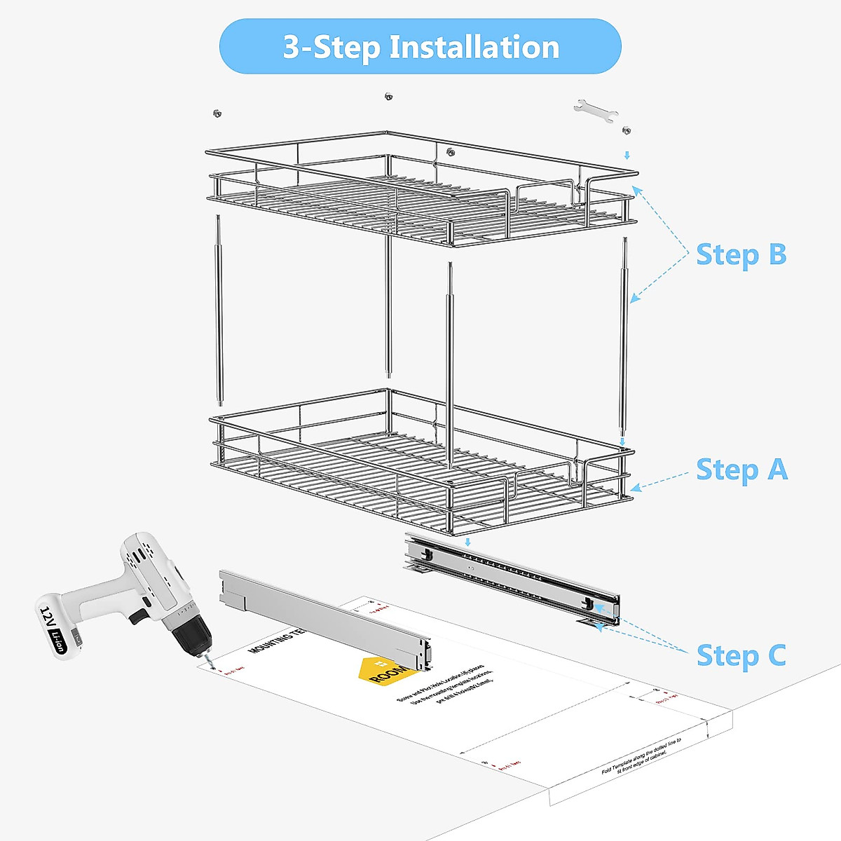 LOVMOR Cabinet Organizer, 2-Tier Pull Out Cabinet Organizers 11" W x 21" D, Pull Out Home Organizers Chrome Pull Out Drawer for Base Cabinet Silver