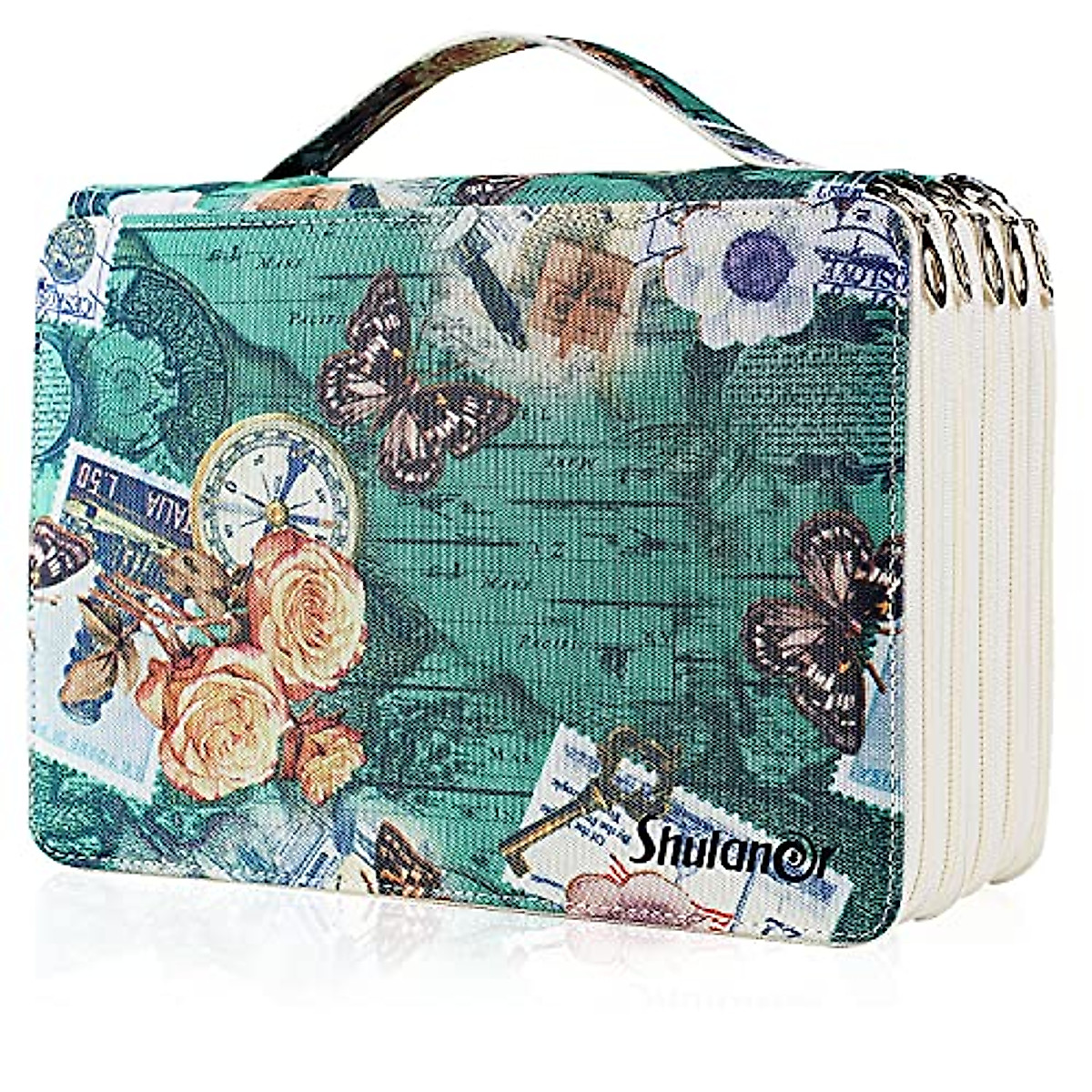 Shulaner 250 Slots Colored Pencil Case with Zipper Closure Large Capacity Retro Style Element Pattern Pencils Bag Waterproof 840D PVC Fabric Pen Organizer Storage Holder for Artist