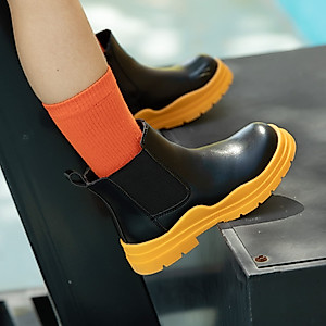 Hawkwell Boys Girls Low Heels Ankle Boots Unisex Kids Side Zipper Chelsea Booties (Toddlers/Little Kids/Big Kids),Black Orange PU 6 M US