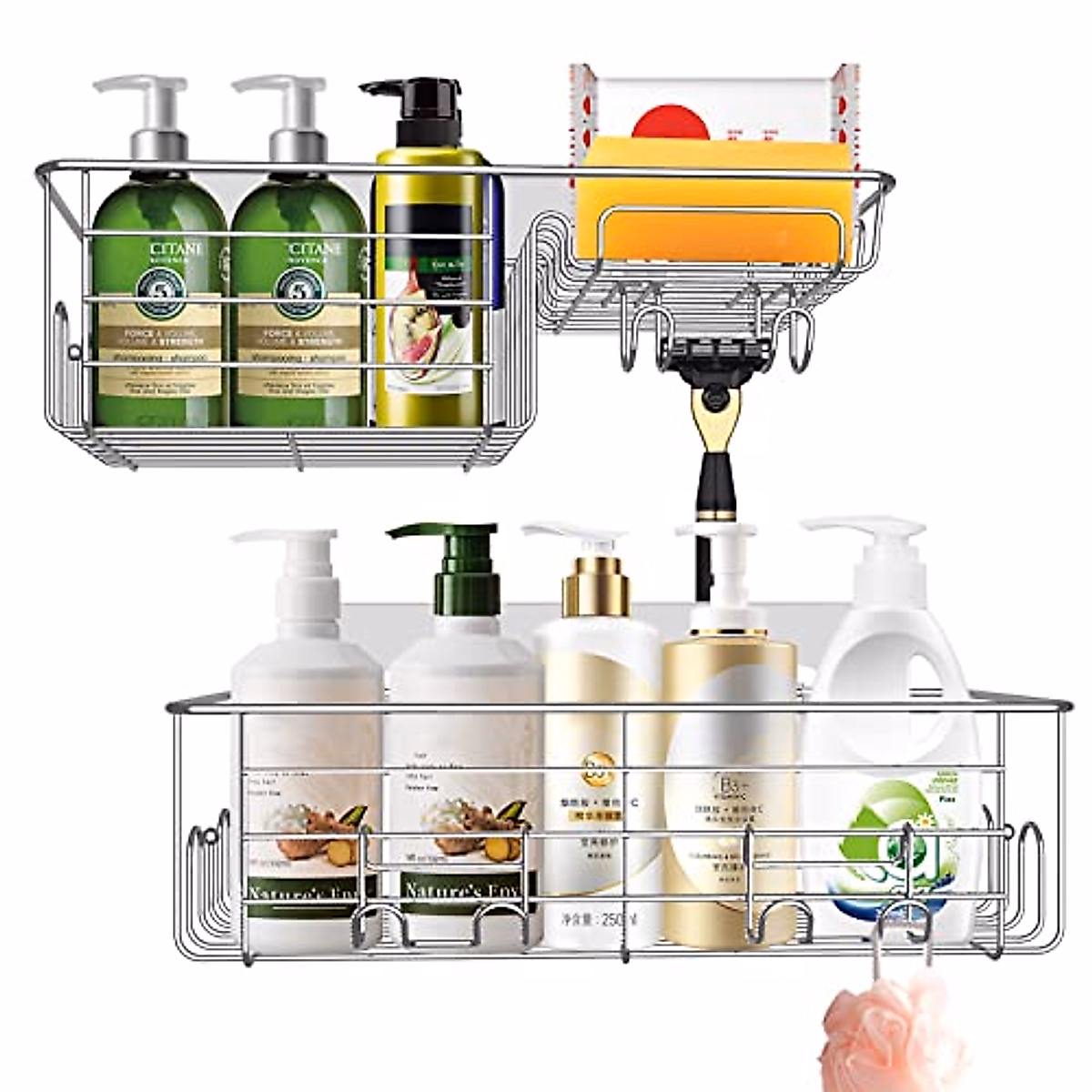 Shower Caddy Bathroom Shelf, CUPAN Shower Caddy Basket Shelf with Soap Dish and Hooks, No Drilling Adhesive Bathroom Shelf SUS304 Stainless Steel Bathroom Kitchen Storage Organizer (2 Pack, Silver)