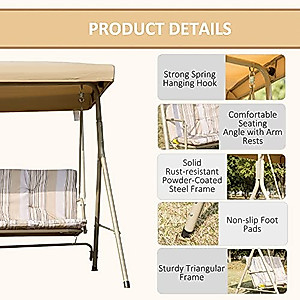 Outsunny 3-Seat Patio Swing Chair, Outdoor Canopy Swing Glider with Removable Cushion, Adjustable Shade and Weather Resistant Steel Frame, for Porch, Garden, Poolside, Backyard, Brown