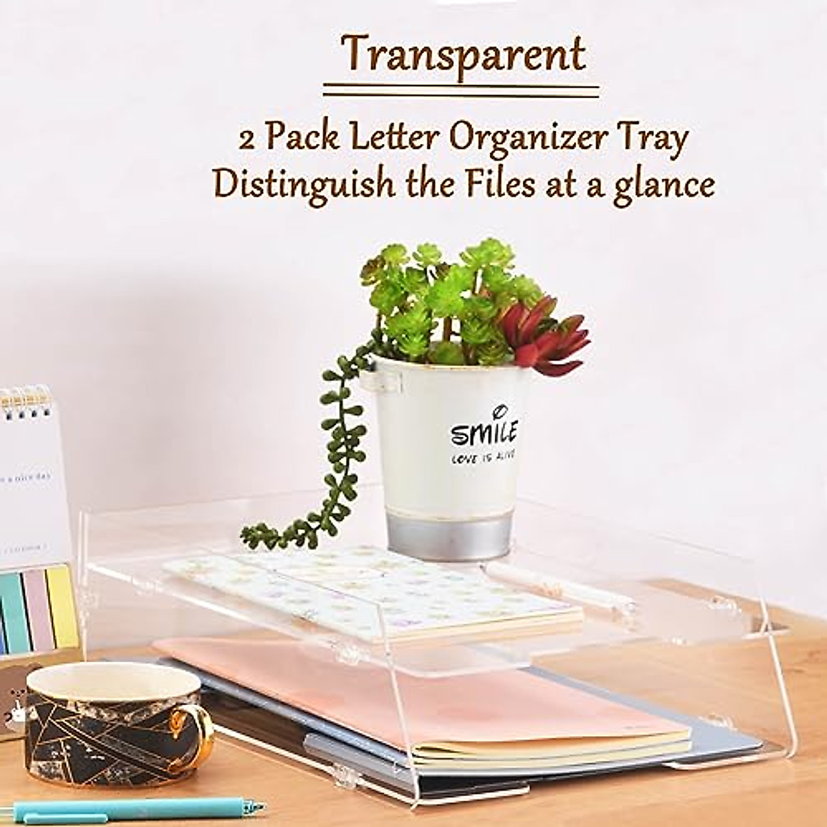 2 Tier Acrylic Stackable Paper Tray, Clear A4 Paper Letter Tray Organizer & Paper Shelf Organizer, Transparent Office Inbox Tray File Desk Tray